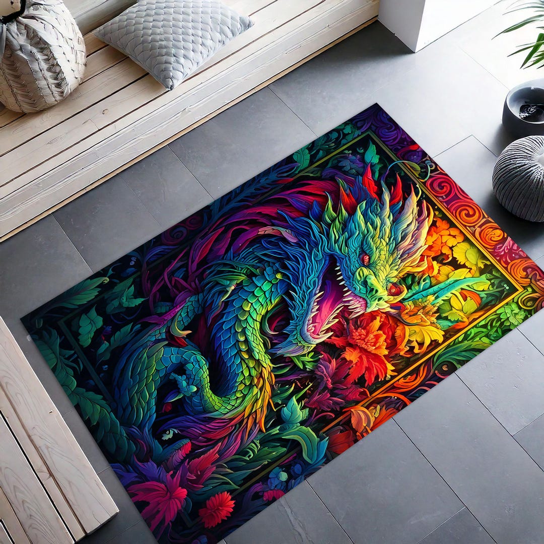 Mystical Medieval Dragon Rug, Dark Academia Fantasy Carpet, Enchanted ...