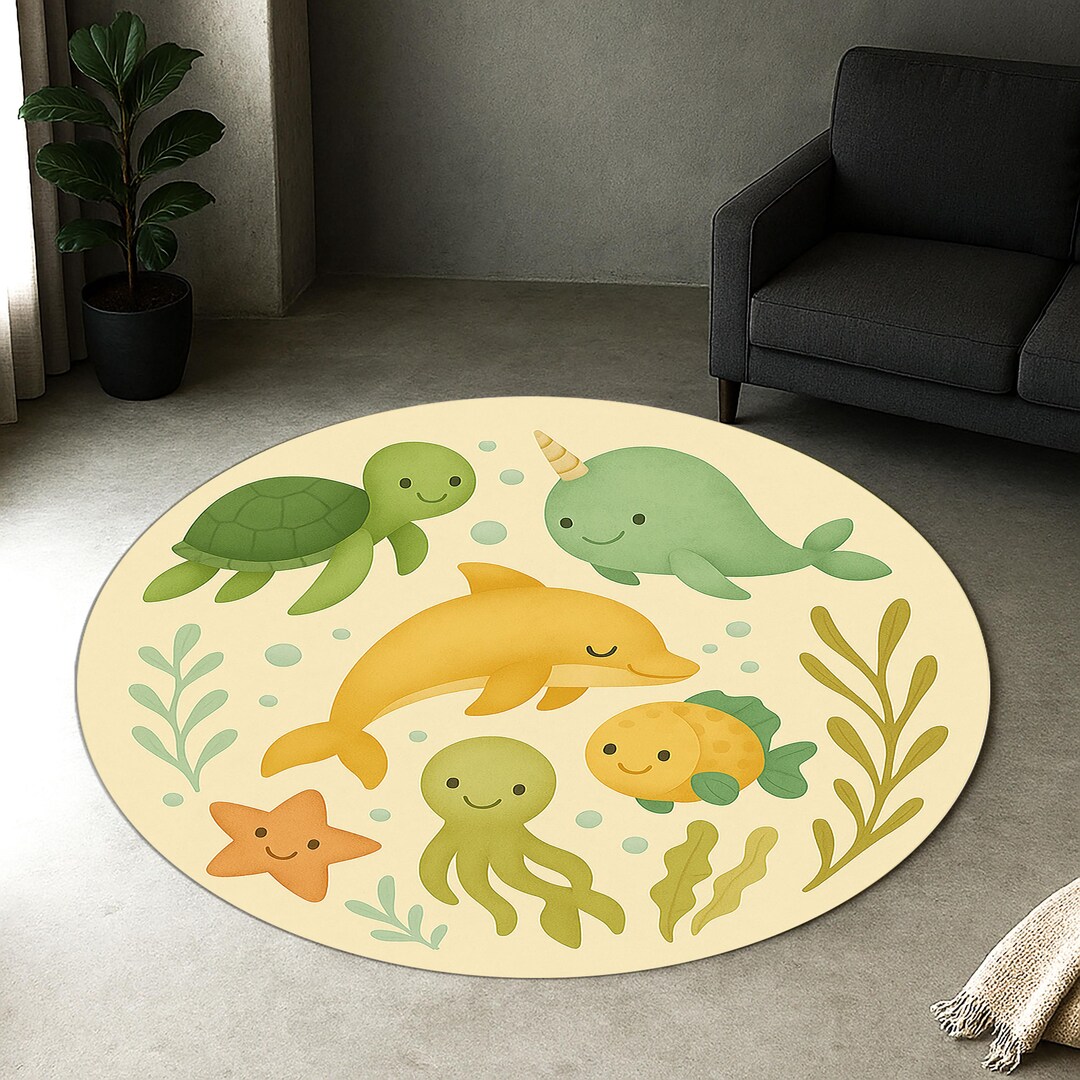 Dolphin Round Rug – Soft Pastel Ocean Friends Carpet – Baby Girl or Boy ...