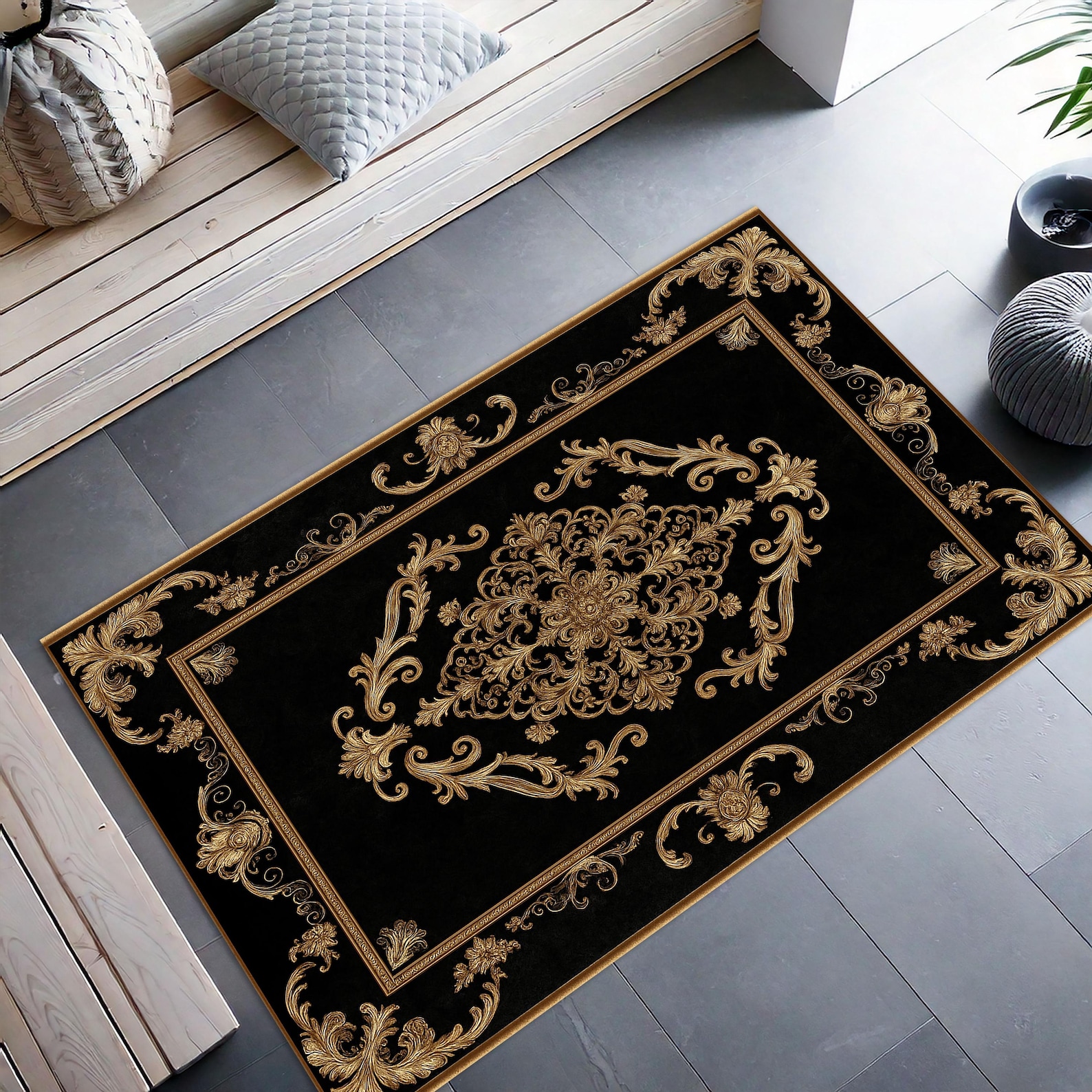 Luxury Rug Black Gold - Baroque Style Ornate Carpet - Elegant Vintage ...