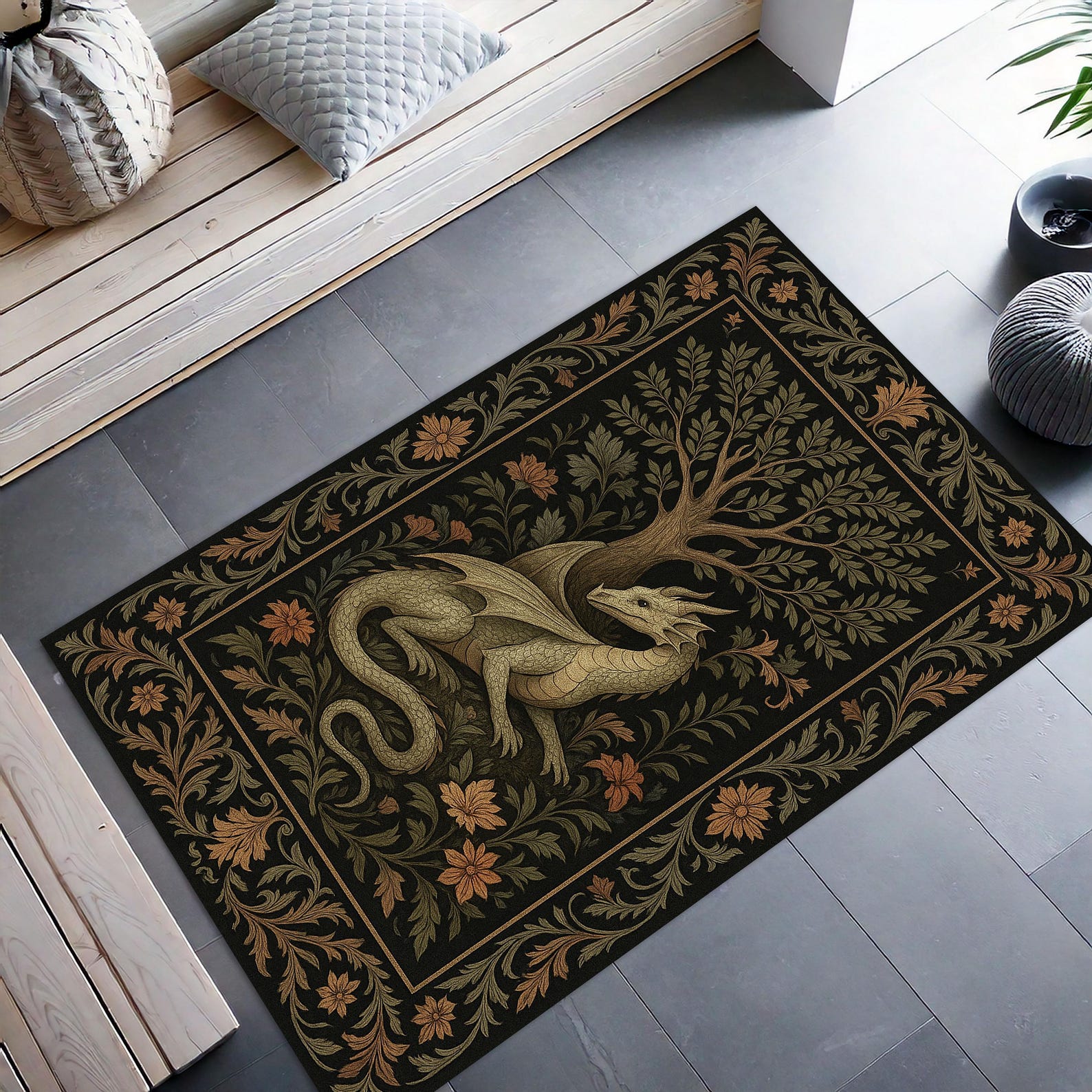 Resting Forest Dragon Rug, Medieval Fantasy Gothic Carpet, Neutral ...