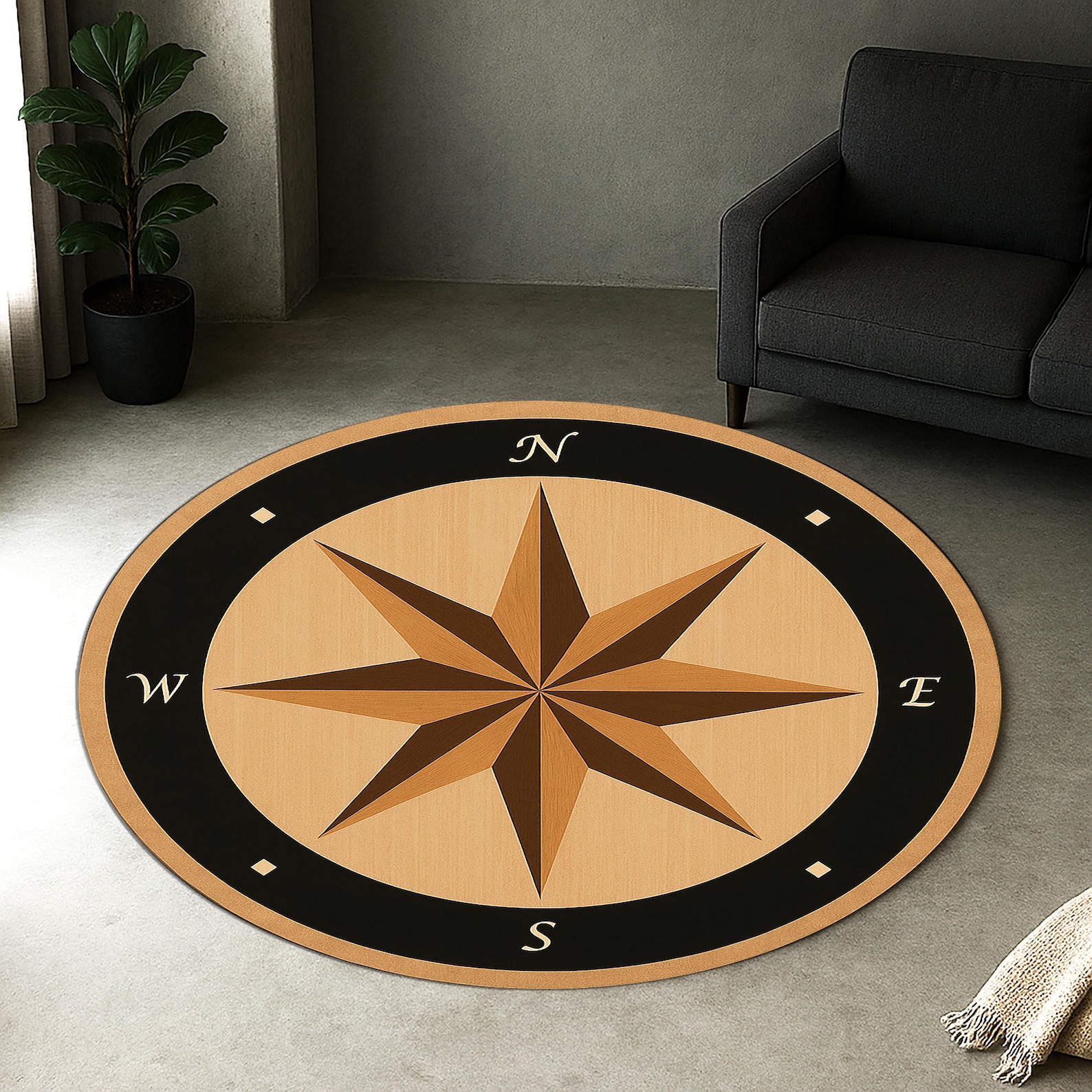 Compass Rose Round Rug – Nautical Compass Design Carpet – Vintage ...