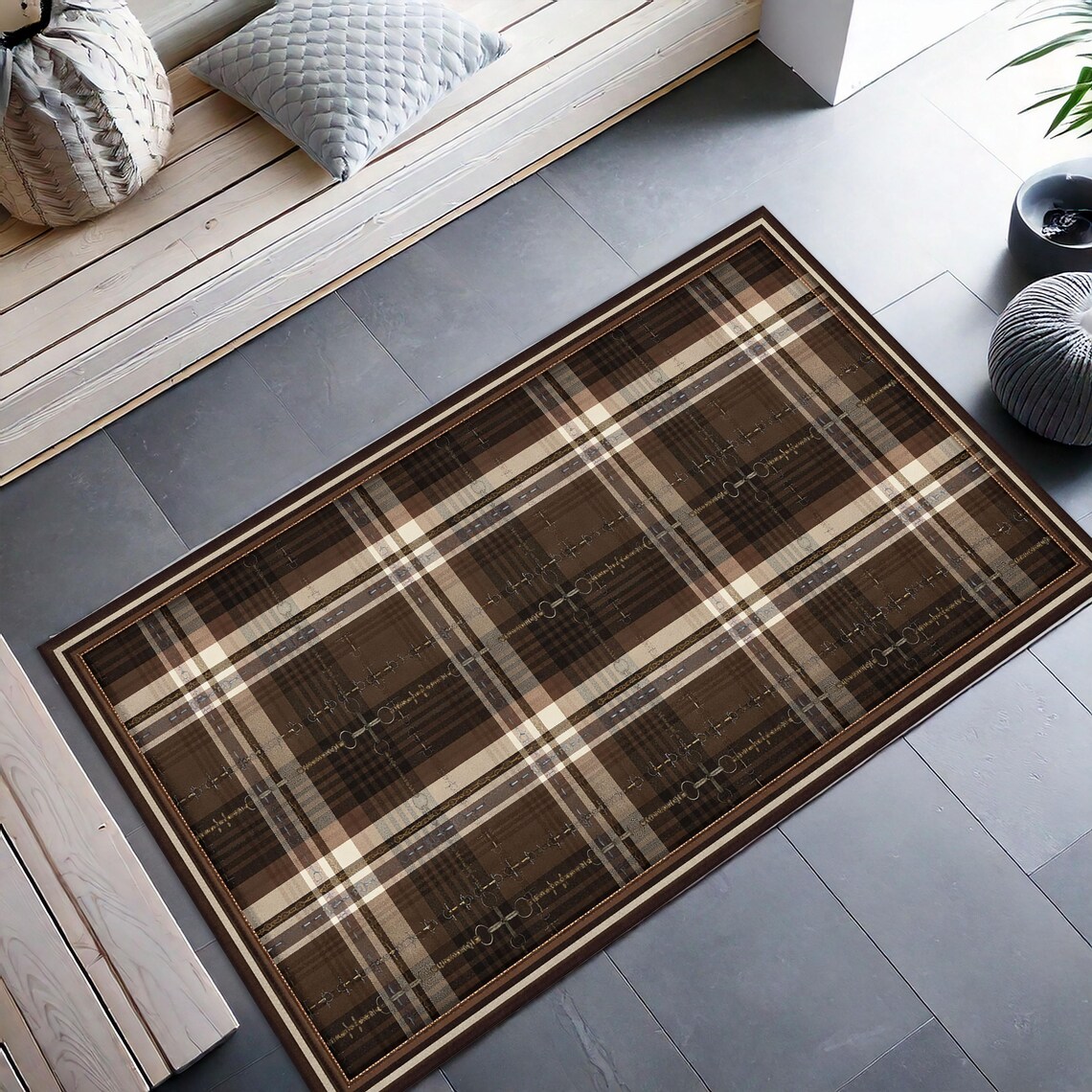 Equestrian Plaid and Snaffle Bit Indooroutdoor Rug – Brown Tartan Check ...
