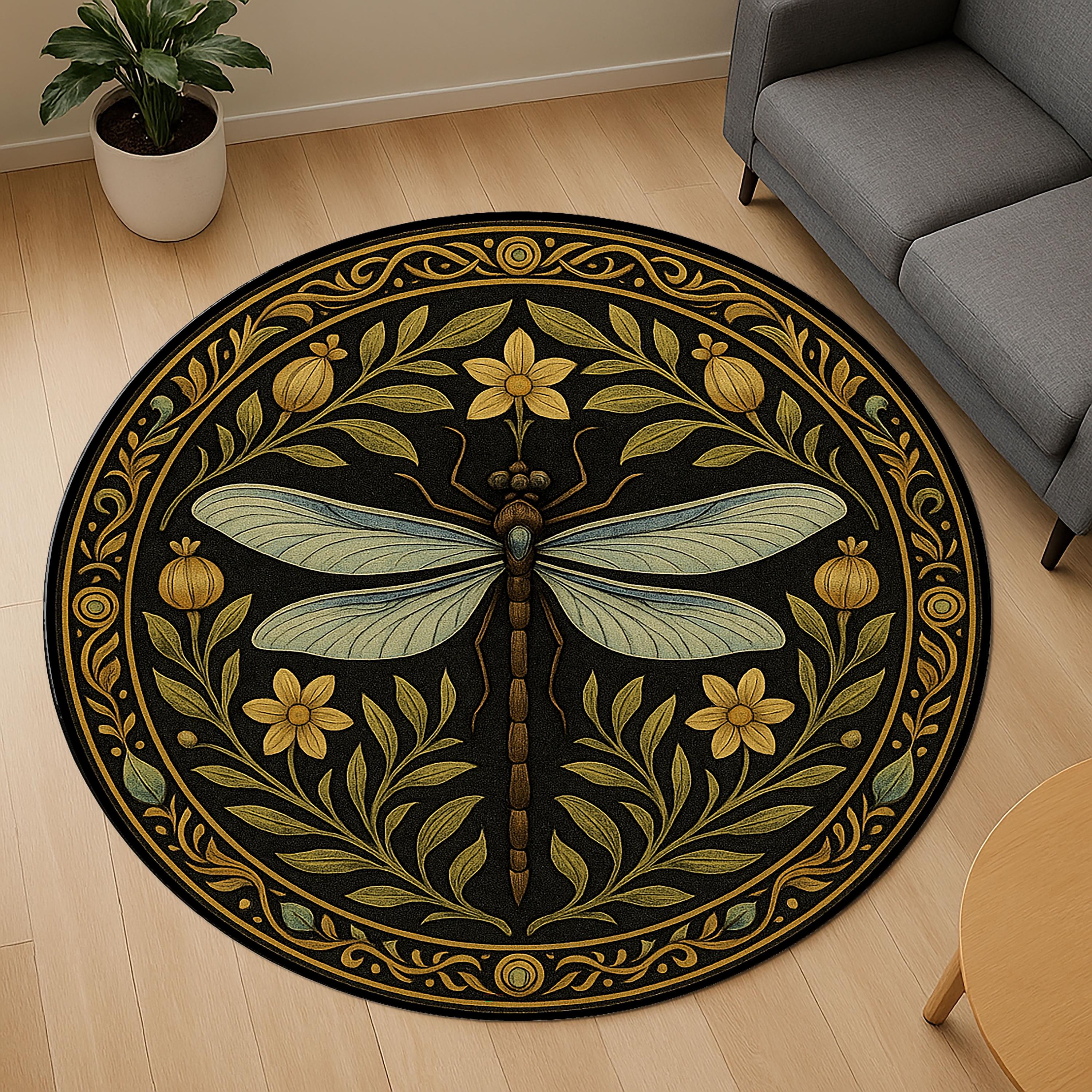 Botanical Dragonfly Round Rug – Vintage-inspired Nature Carpet, Moth ...