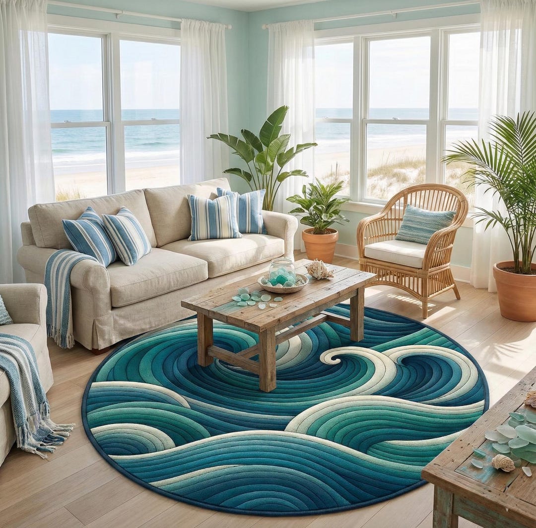 Tapis rond vagues de l'océan - Tapis tourbillon bleu côtier, tapis ...