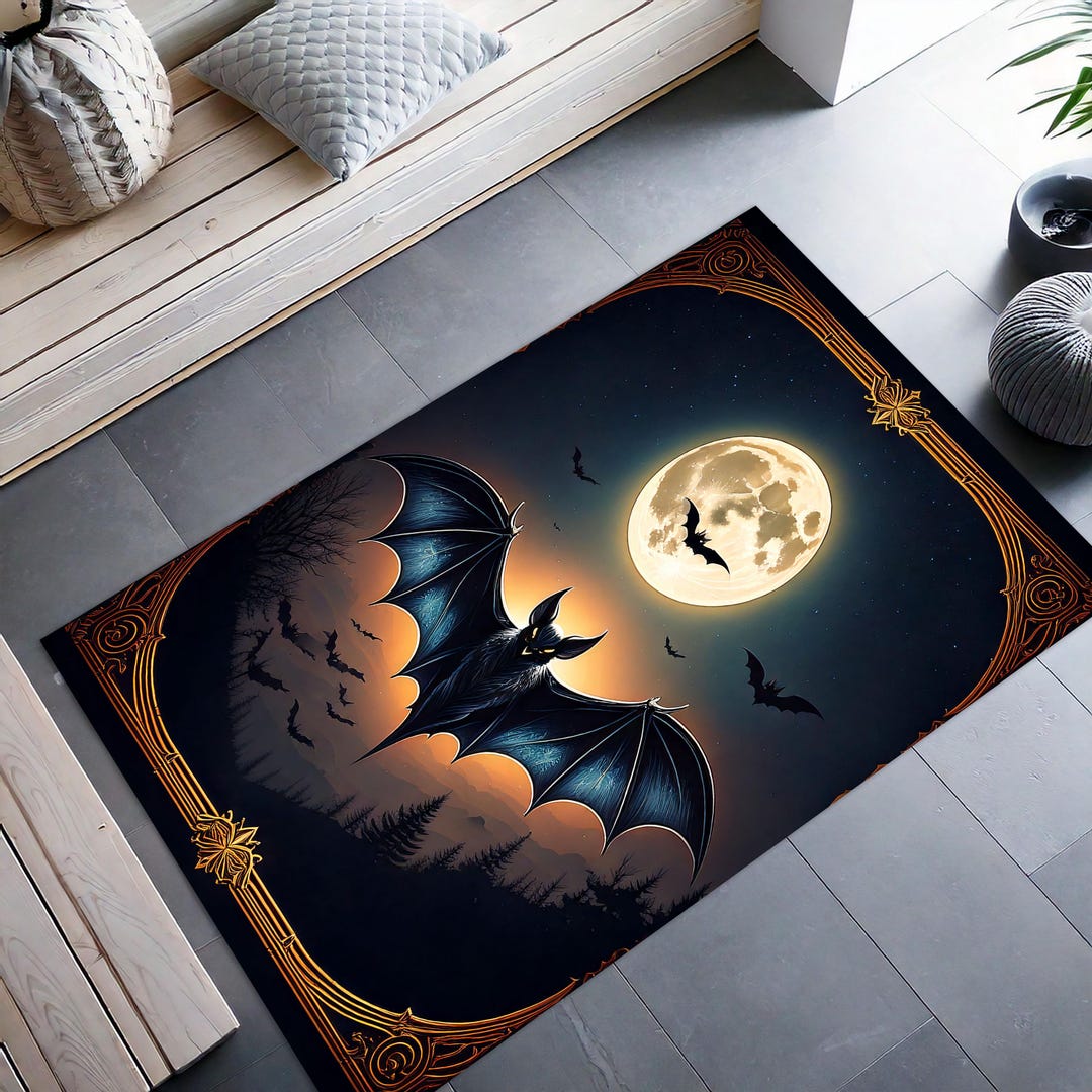 Gothic Moon & Bat Rug, Dark Academia Aesthetic Carpet, Mystical ...