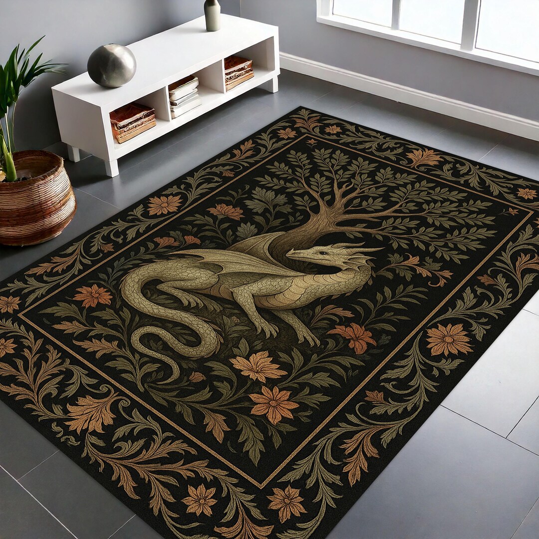 Resting Forest Dragon Rug, Medieval Fantasy Gothic Carpet, Neutral ...