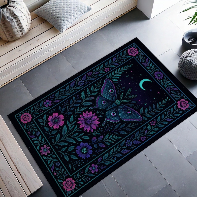 Celestial Moth Moon Rug, Neon Gothic Butterfly Area Rug, Psychedelic ...