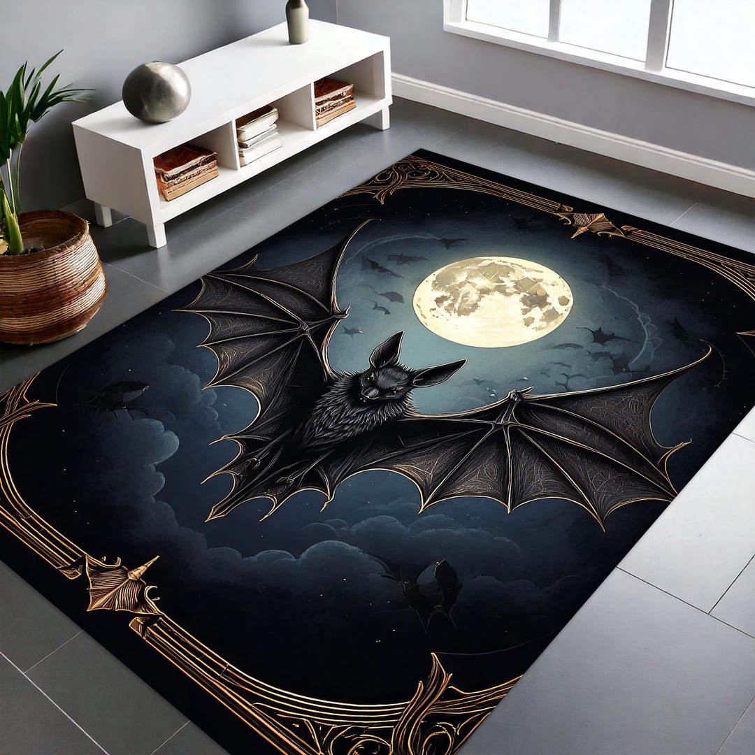 Gothic Moon & Bat Rug, Dark Academia Aesthetic Carpet, Mystical ...