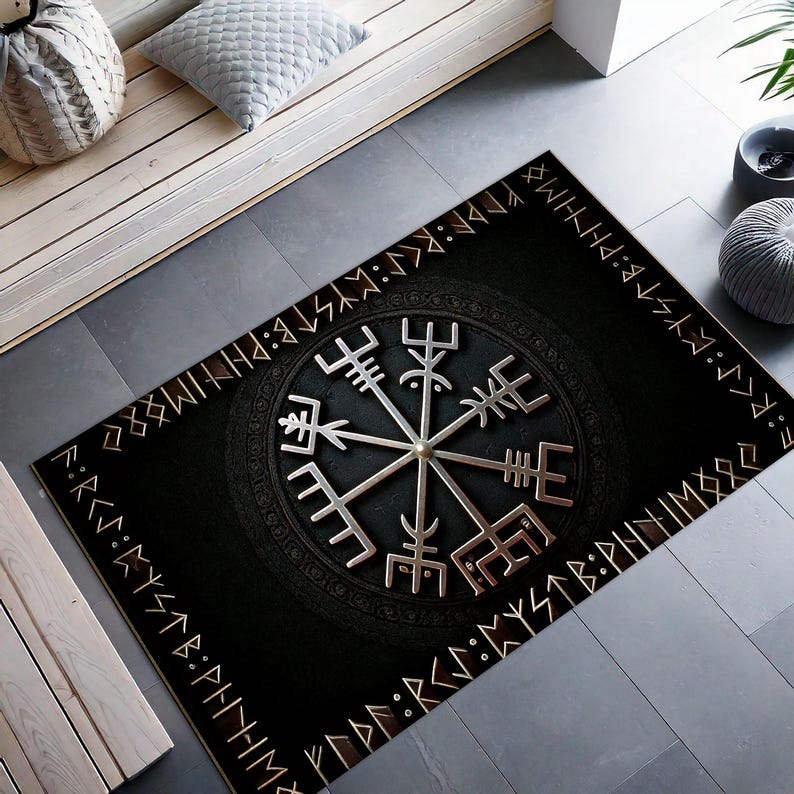 Vegvisir Shield Rug, Norse Mythology Rug, Viking Compass Carpet, Viking ...