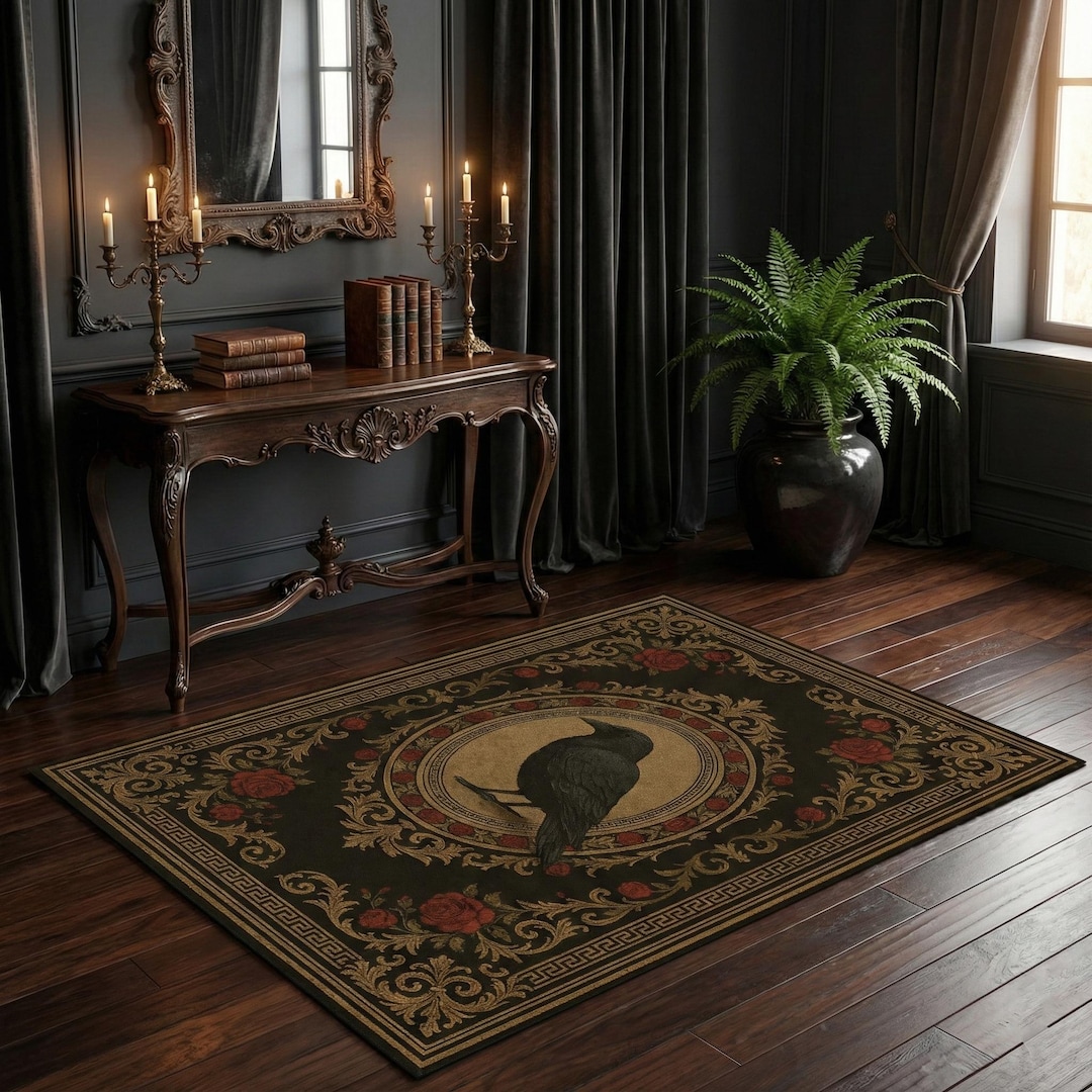Gothic Raven Rug With Victorian Frame and Roses, Floor Mat, Dark ...