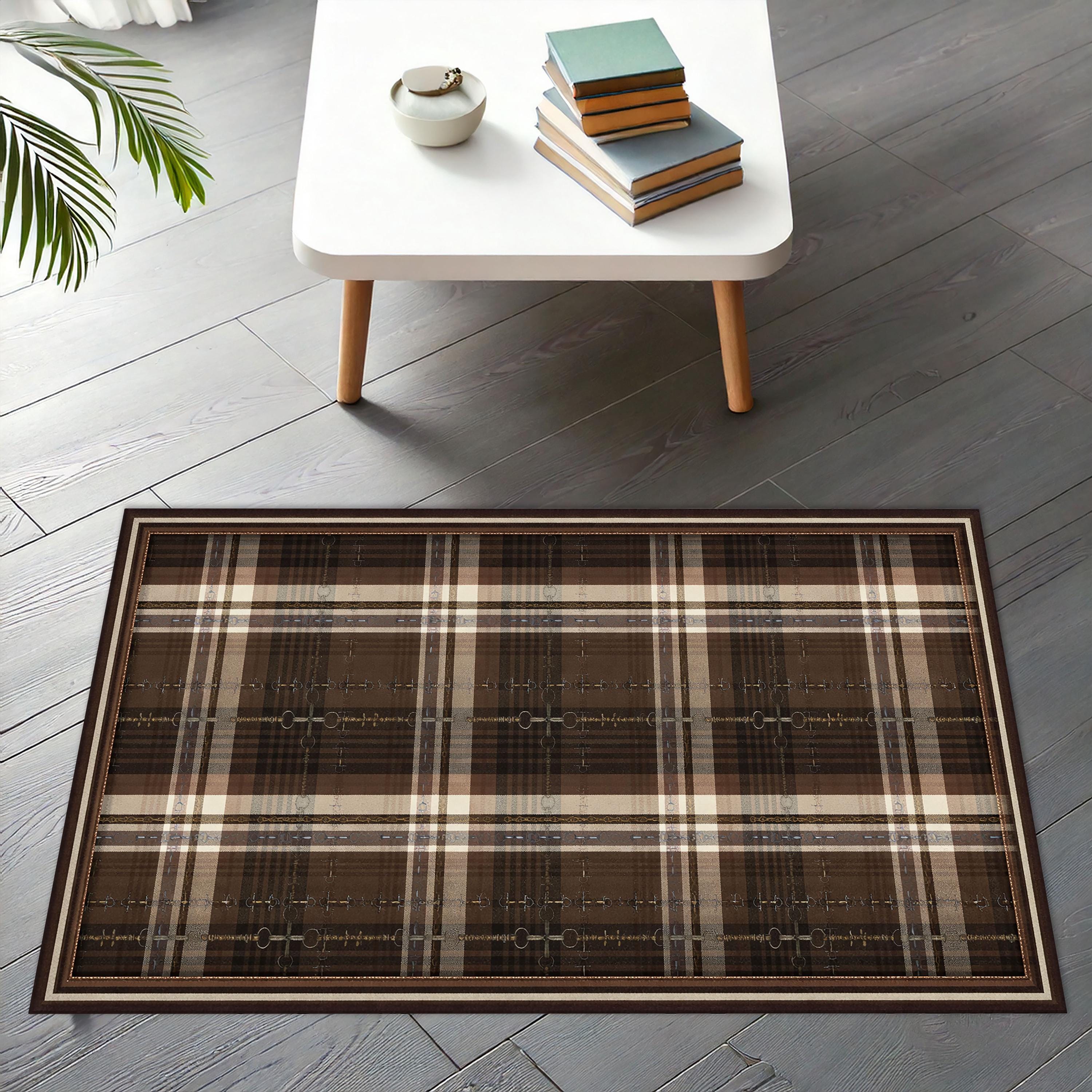 Equestrian Plaid and Snaffle Bit Indooroutdoor Rug – Brown Tartan Check ...