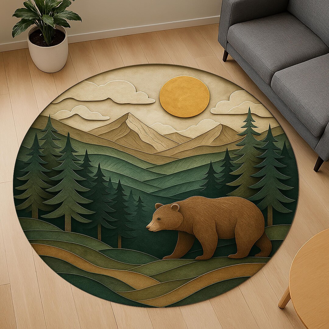 Bear in Mountains Round Rug – Nature Scene Forest Animal Carpet ...