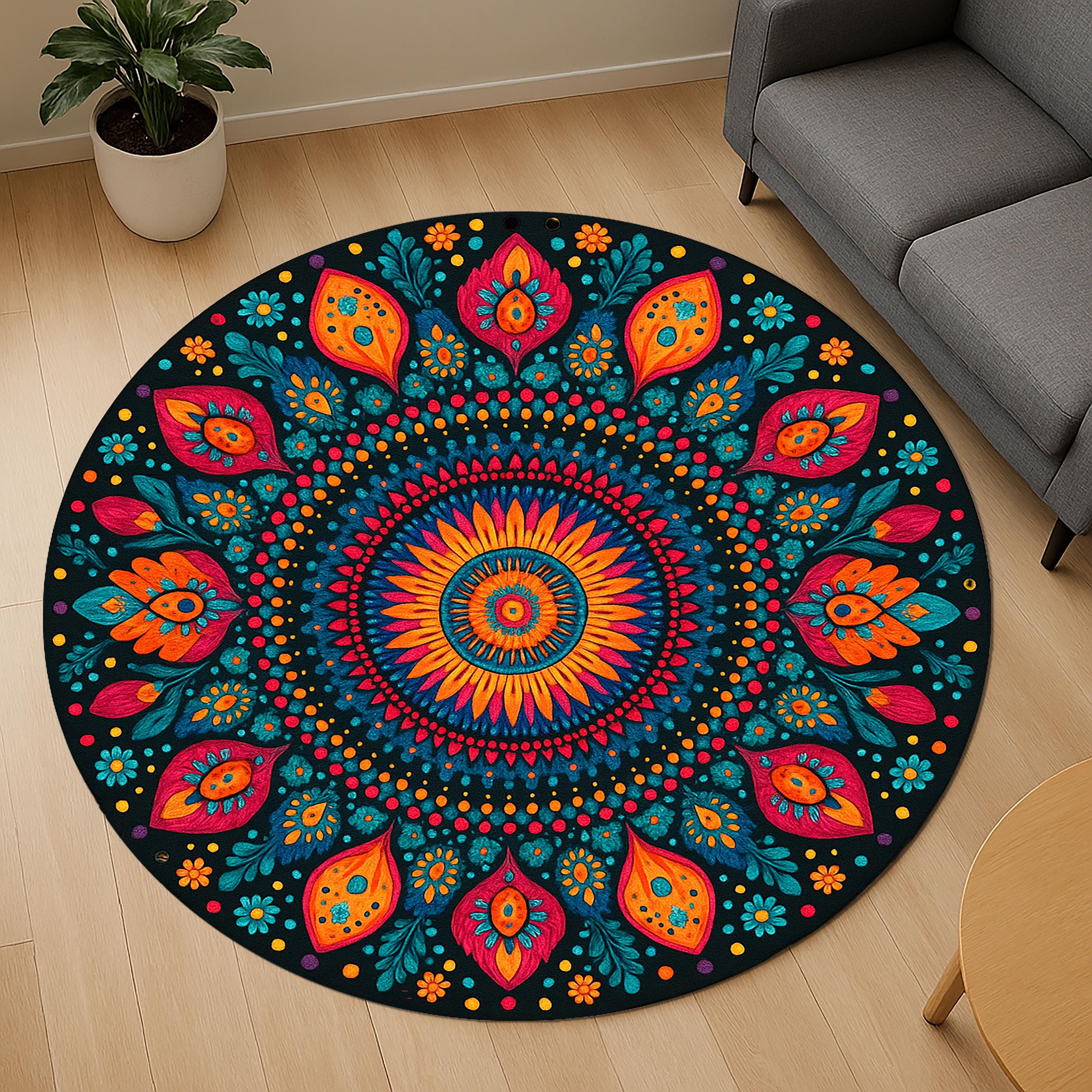 Orange and Teal Mandala Rug – Round Bohemian Psychedelic Floor Mat ...