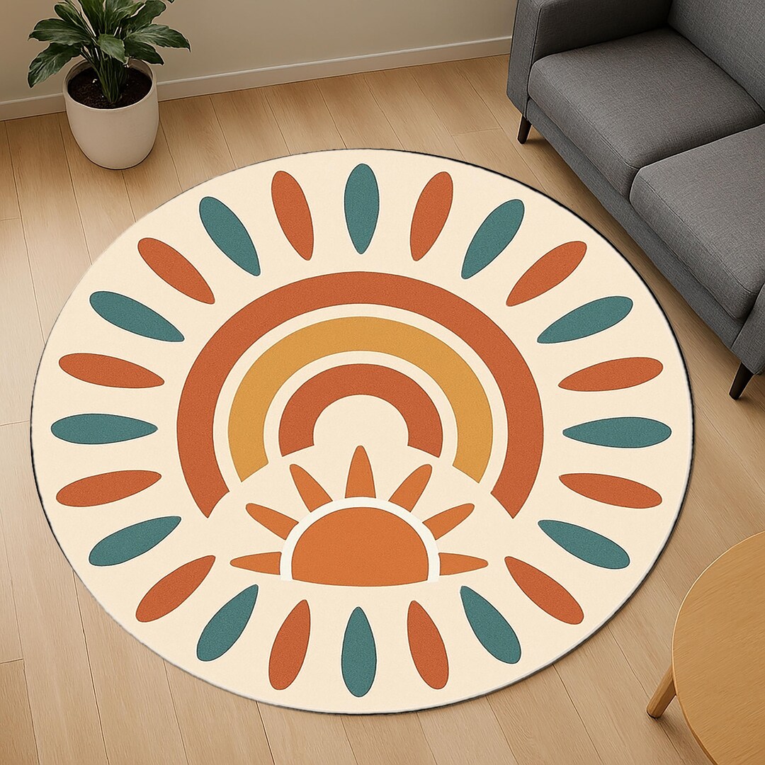 Retro Rainbow and Sun Round Rug – Boho Kids Room Carpet With Warm ...