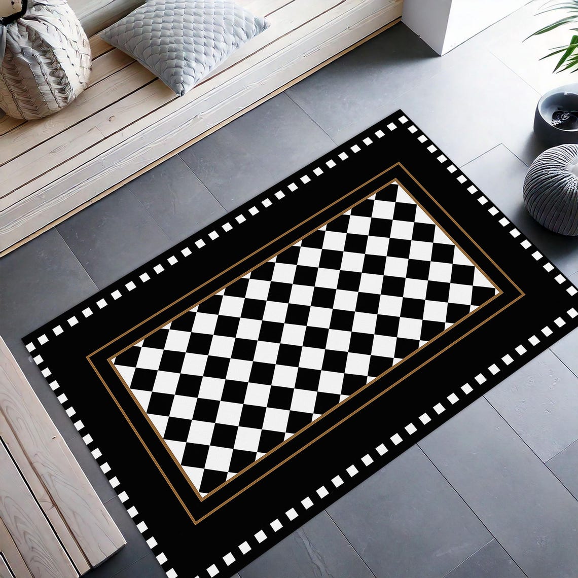 Checkered Rug, Black Border on Check Pattern, Black and White Rug for ...