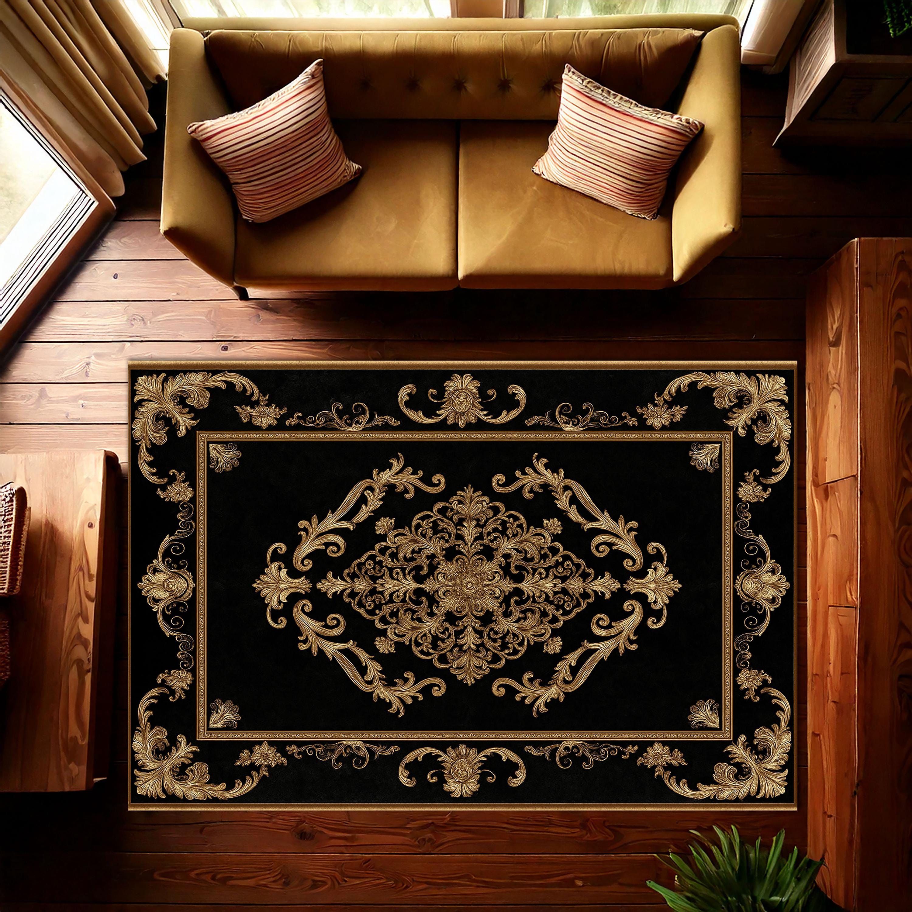 Luxury Rug Black Gold - Baroque Style Ornate Carpet - Elegant Vintage ...