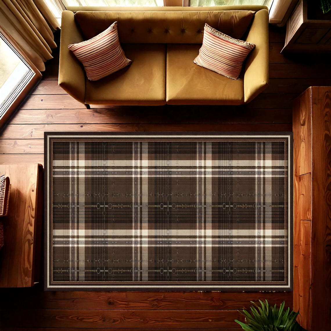 Equestrian Plaid and Snaffle Bit Indooroutdoor Rug – Brown Tartan Check ...