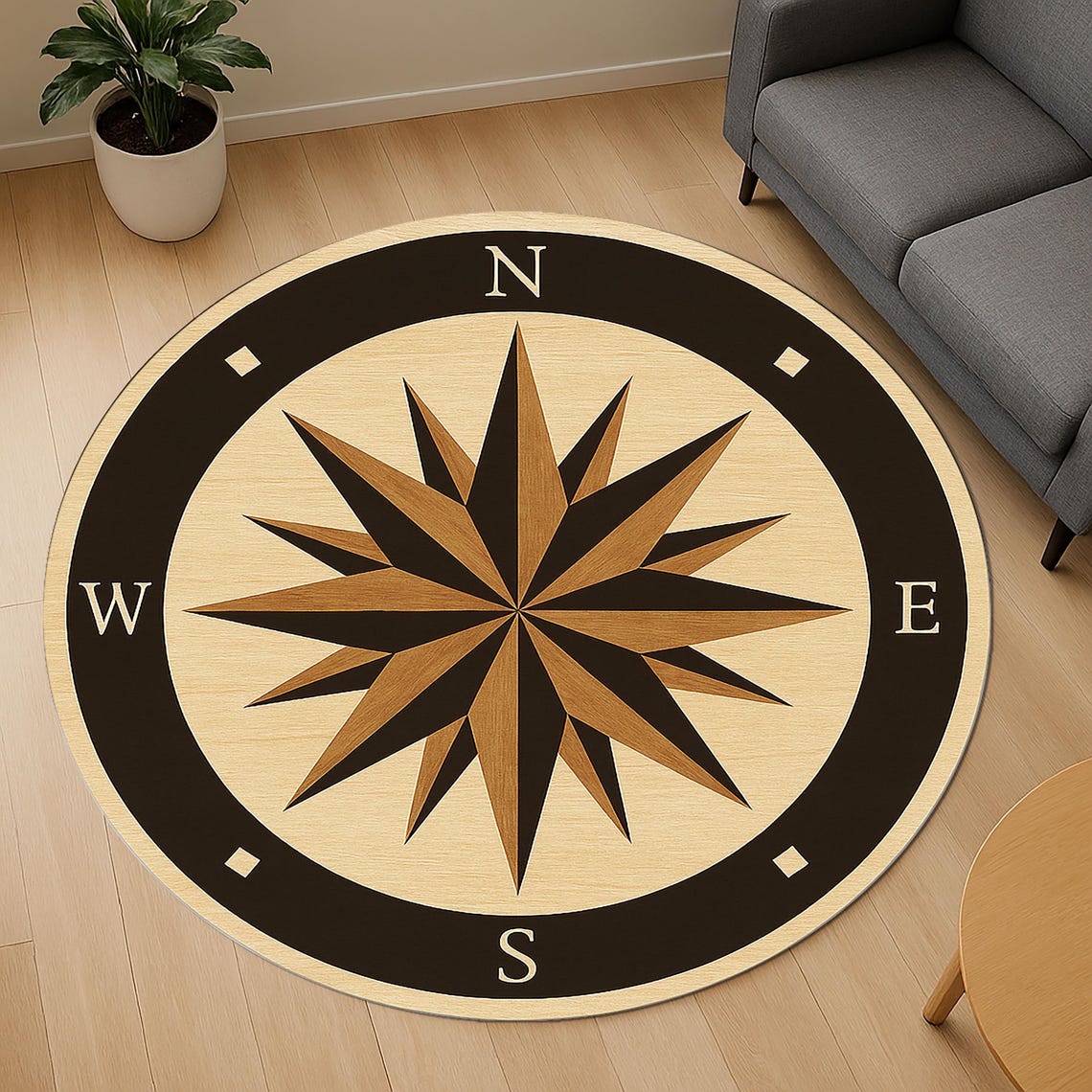 Rustic Compass Rose Round Rug – 16 Point Wind Rose Nautical Floor Decor ...
