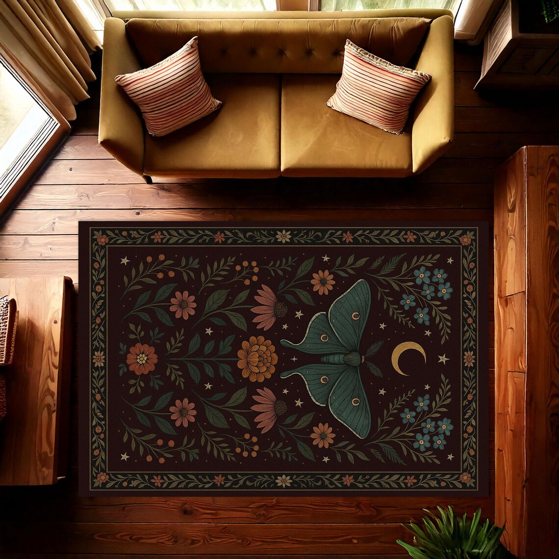 Mystical Luna Moth Rug, Botanical Floral Boho Area Rug, Moon Phase ...