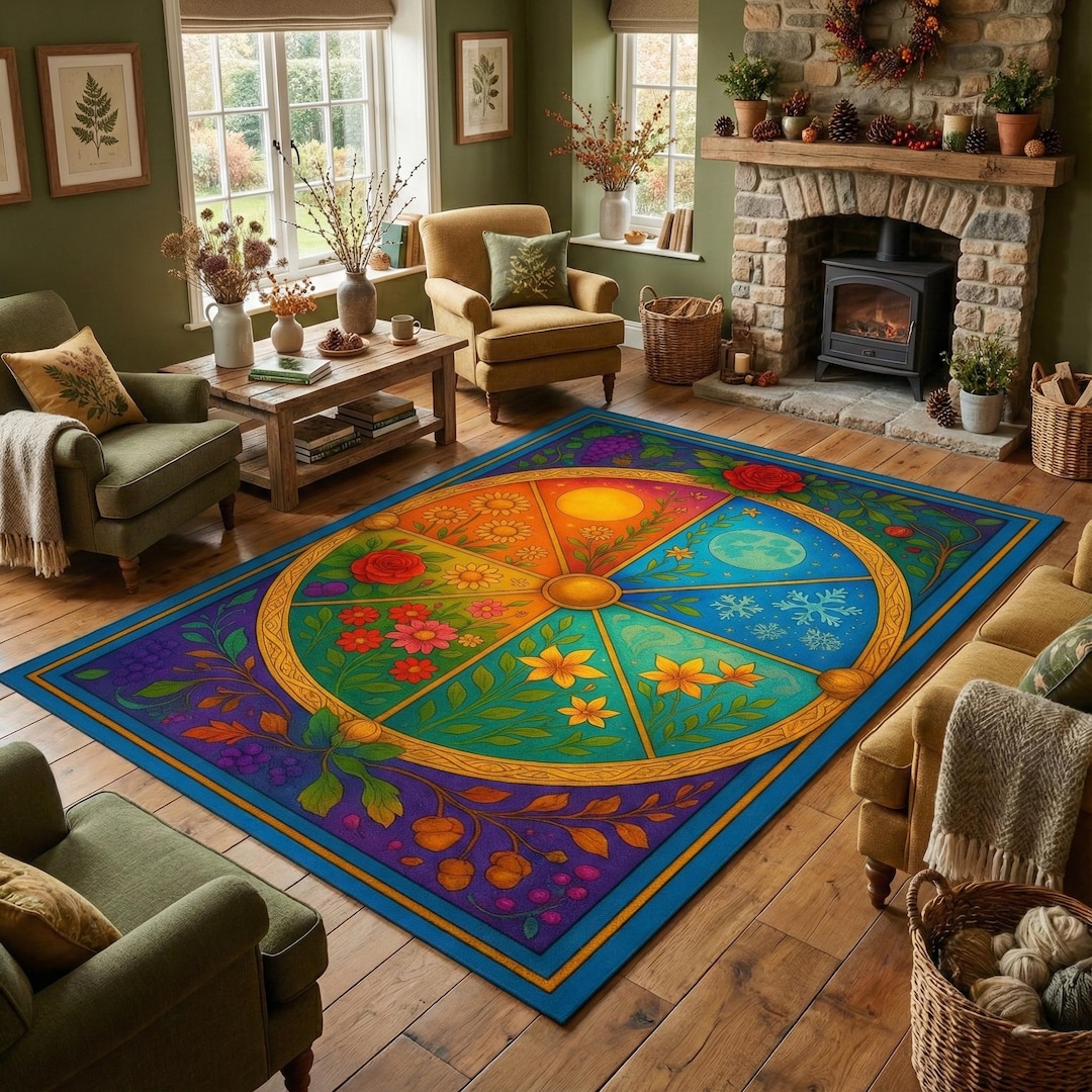 Four Seasons Wheel Rug, Colorful Botanical Year Cycle Tapestry, Sun and ...