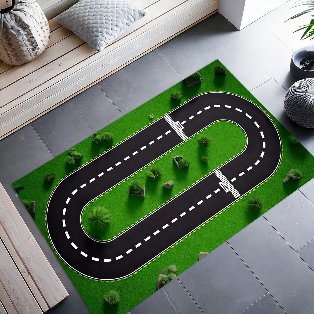 Kids Car Racing Road Rug, Start-finish Line Play Mat, Race Track Rug ...