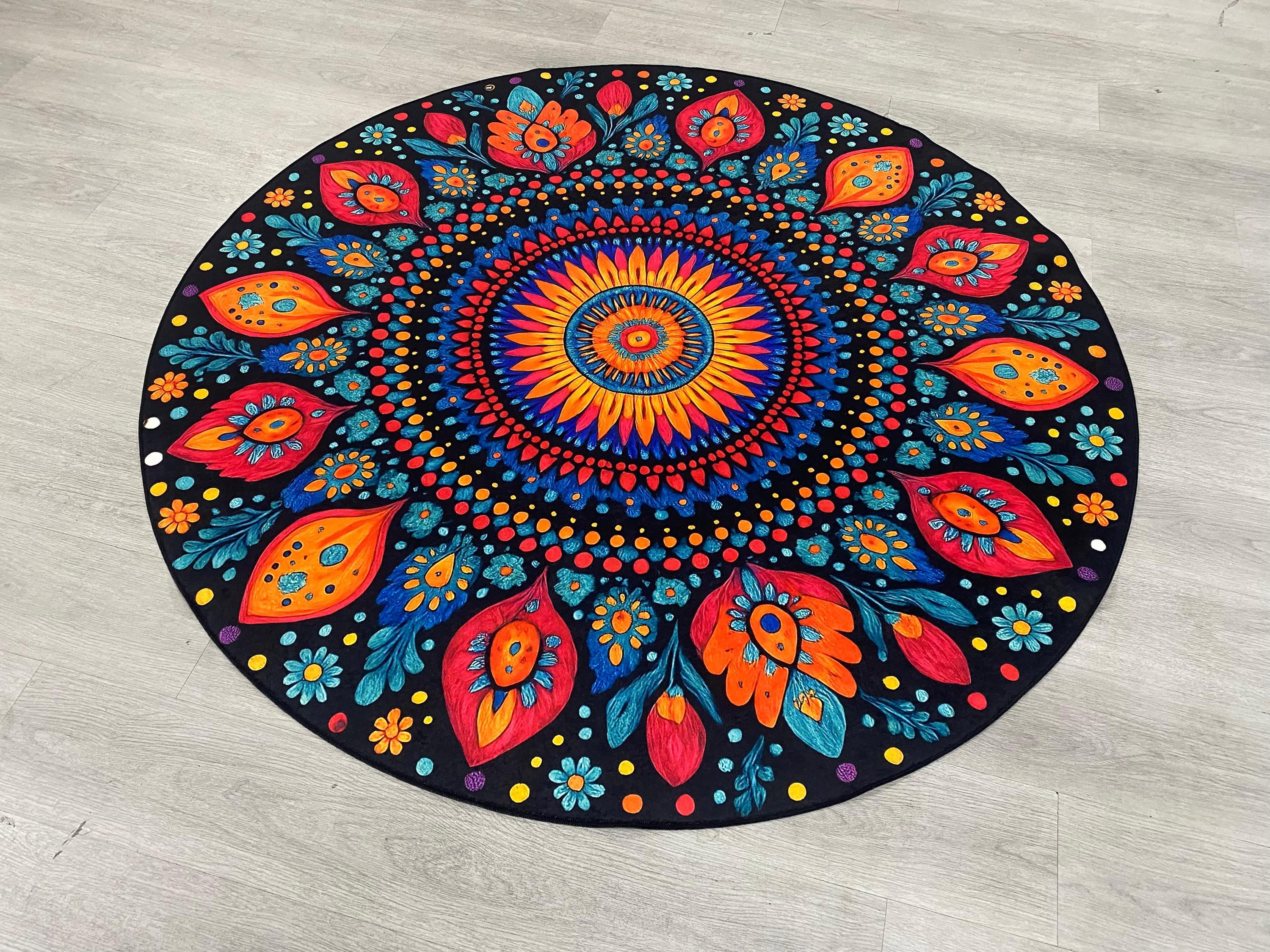 Orange and Teal Mandala Rug – Round Bohemian Psychedelic Floor Mat ...