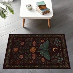 Mystical Luna Moth Rug, Botanical Floral Boho Area Rug, Moon Phase ...