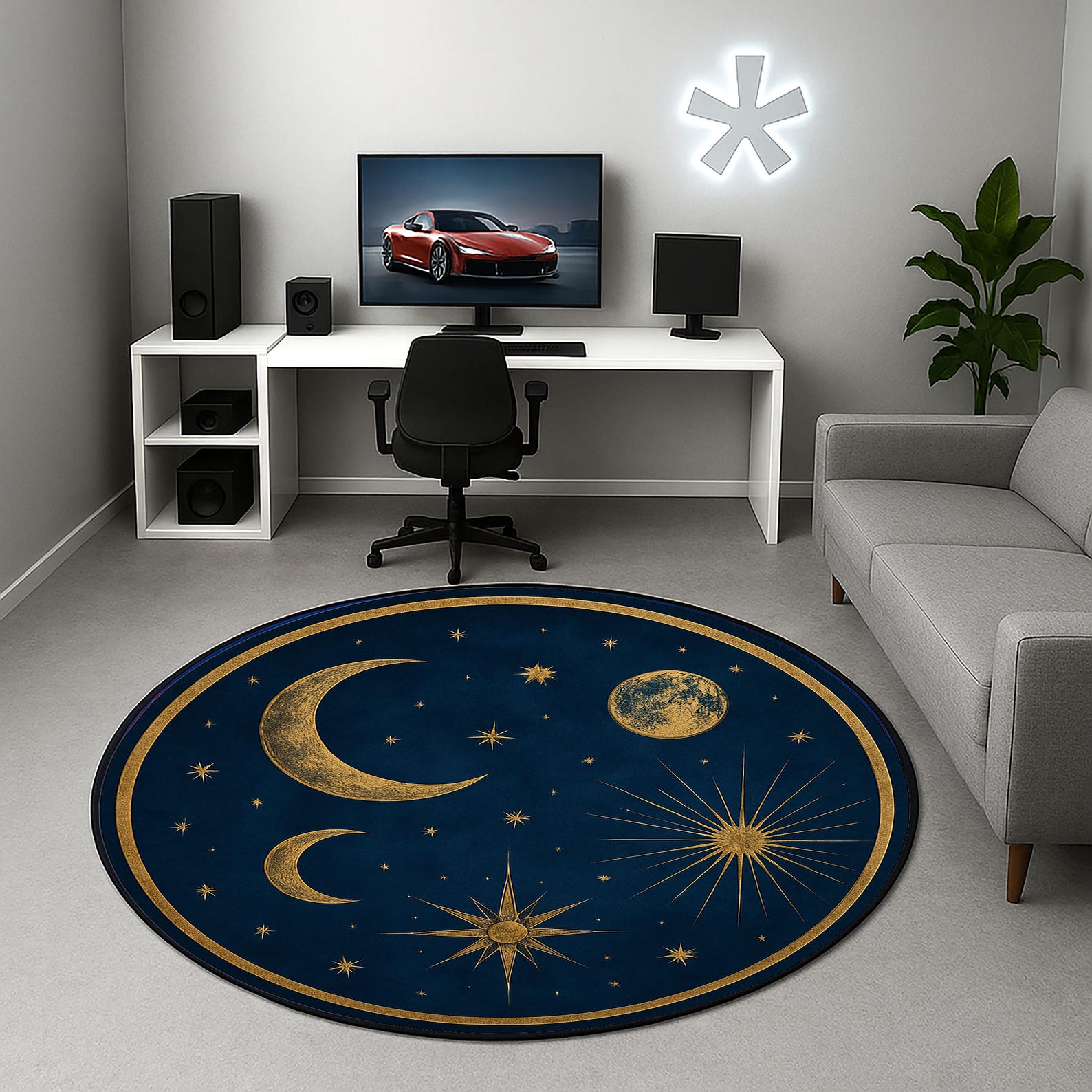Celestial Round Rug Night Sky – Deep Blue & Gold Moon and Stars ...