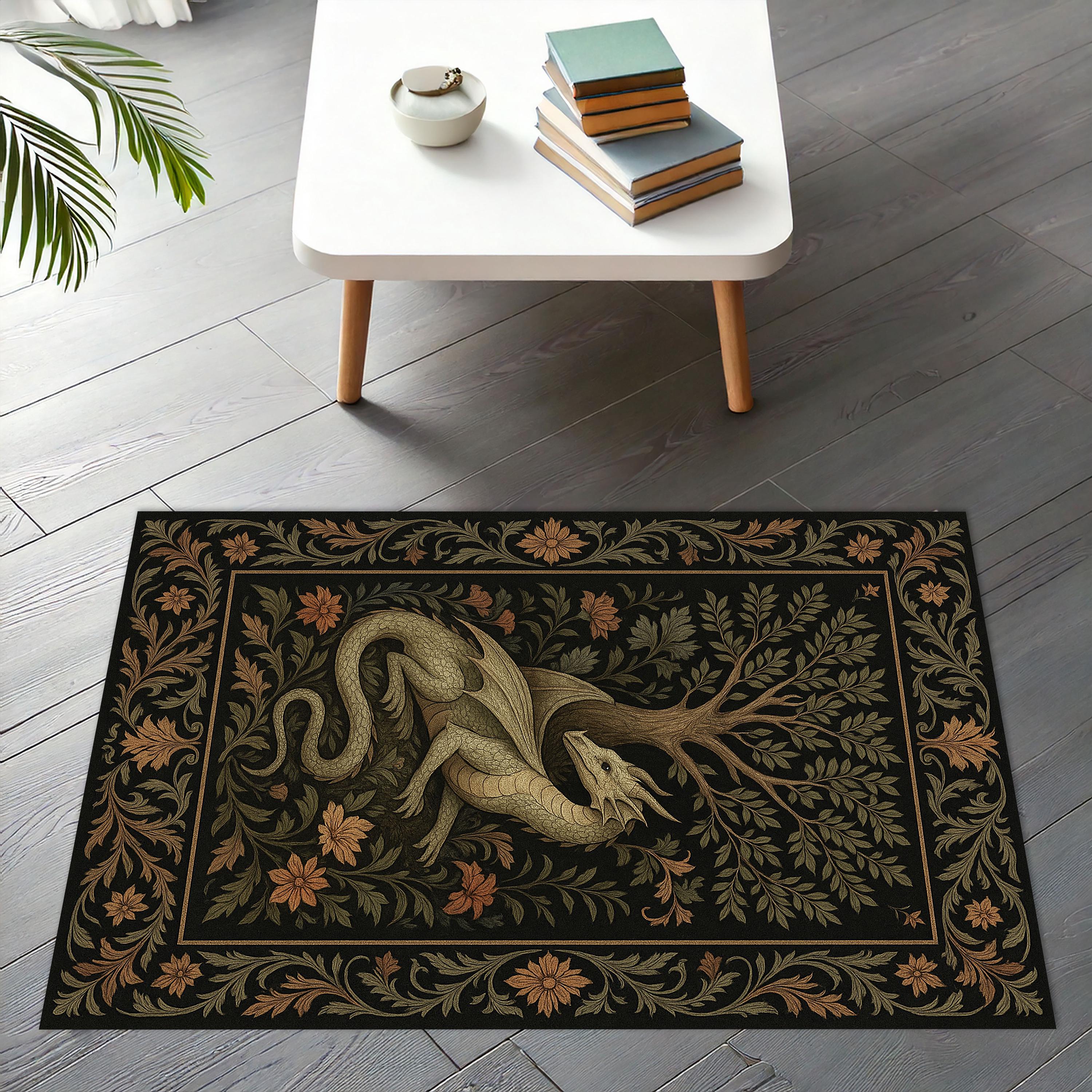 Resting Forest Dragon Rug, Medieval Fantasy Gothic Carpet, Neutral ...
