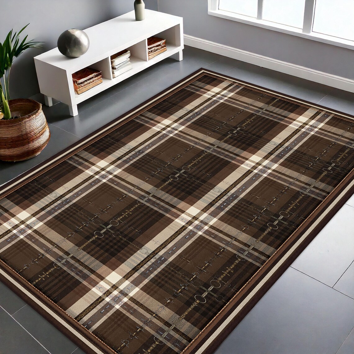 Equestrian Plaid and Snaffle Bit Indooroutdoor Rug – Brown Tartan Check ...