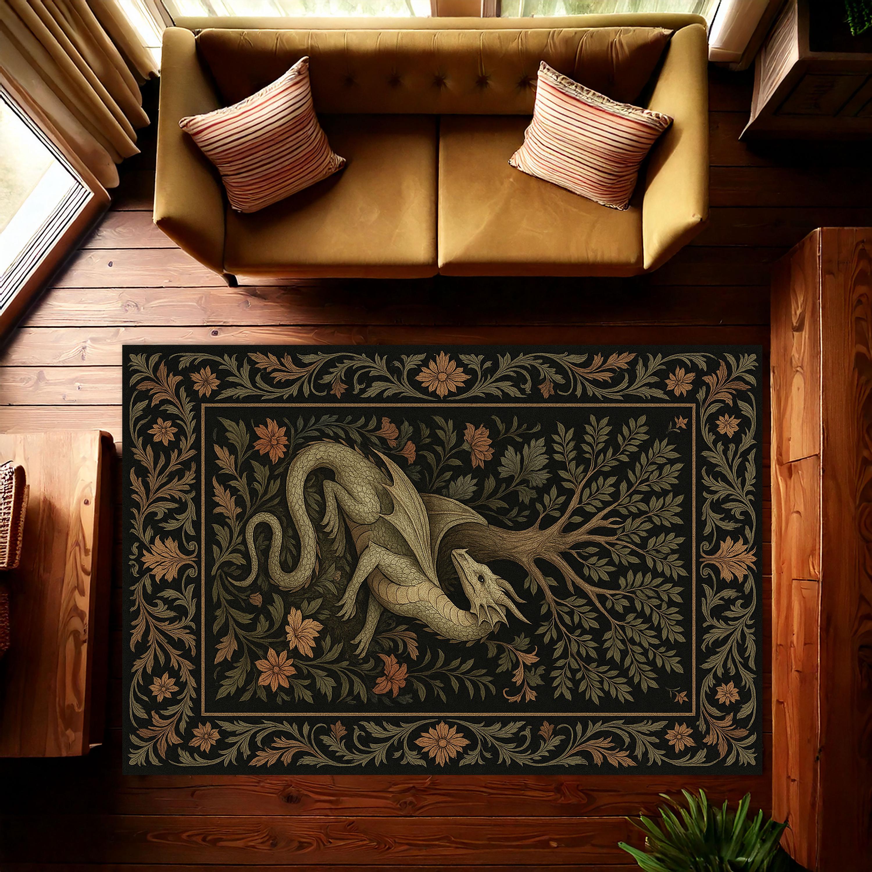 Resting Forest Dragon Rug, Medieval Fantasy Gothic Carpet, Neutral ...