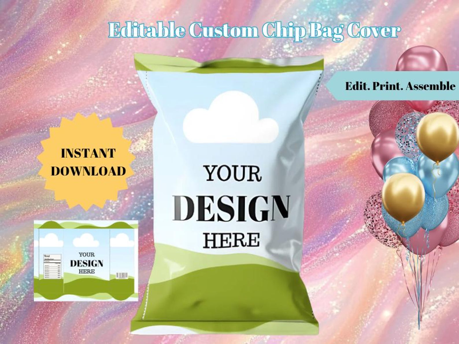 Custom Chip Bag Template – Photo Party Favors, Canva Design (digital ...