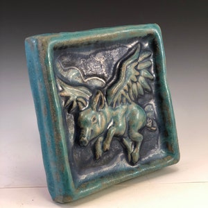 Ceramic Art Tile WHEN PIGS FLY - Antique Turquoise, 4x4 Handmade ...