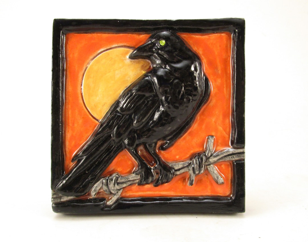 Halloween Raven Ceramic Art Tile: 4x4 Handmade Orange & Black Wall ...
