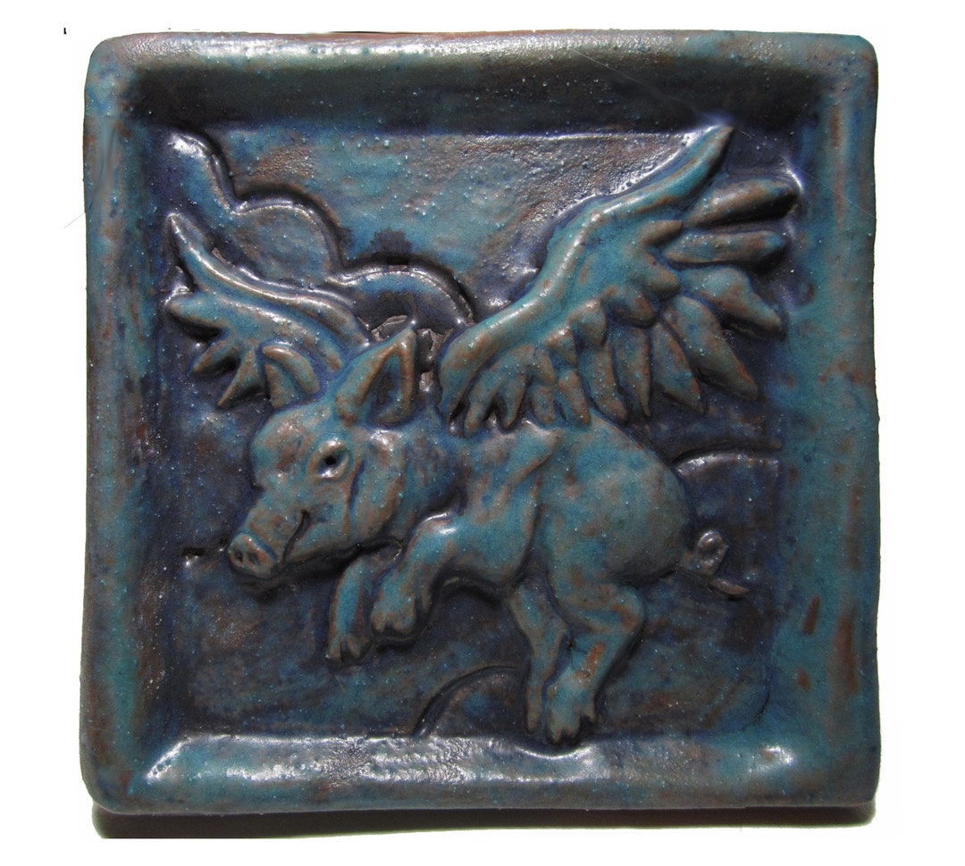 Ceramic Art Tile WHEN PIGS FLY - Antique Turquoise, 4x4 Handmade ...