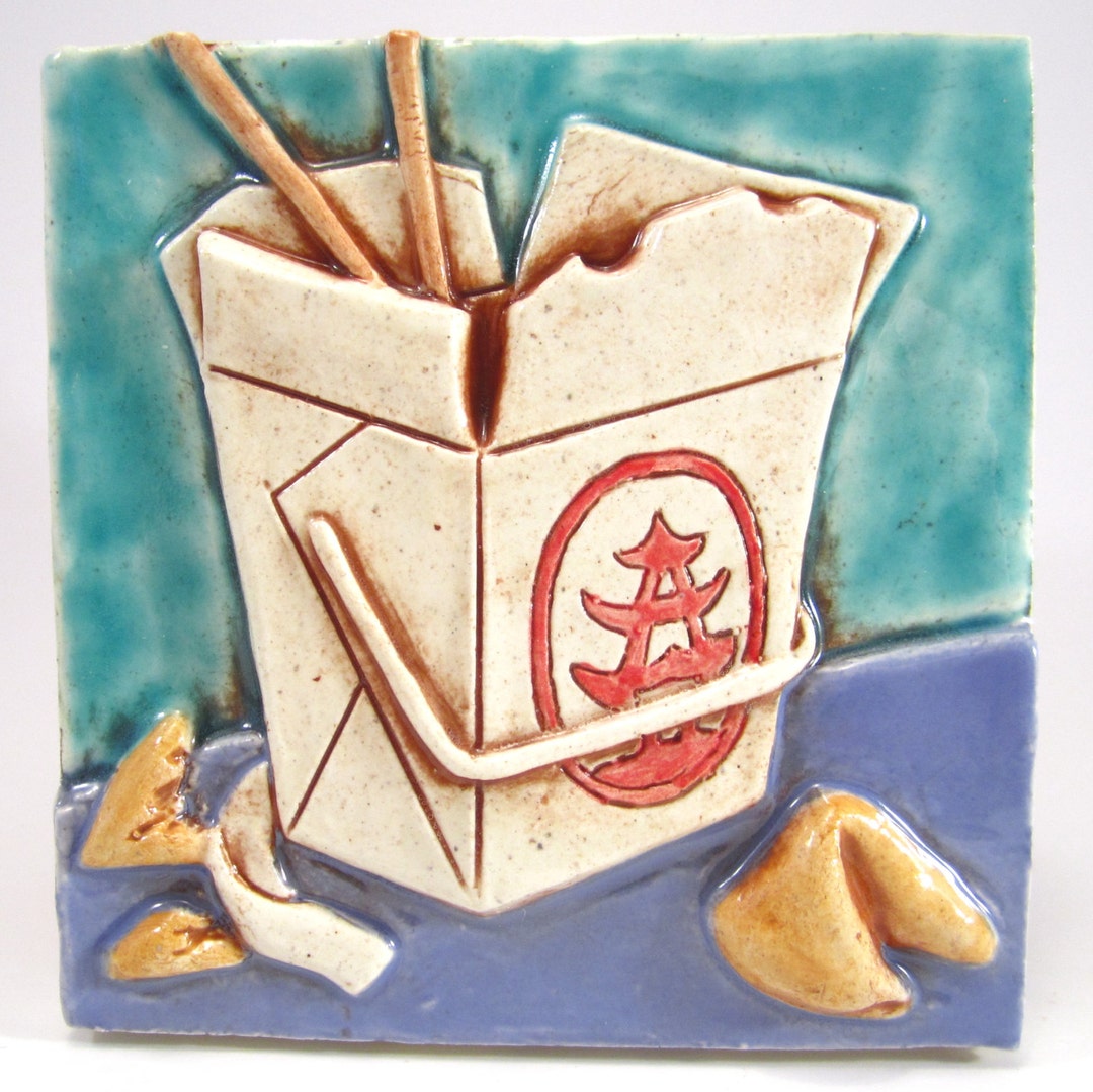 CHINESE TAKE-OUT Ceramic Art Tile, Aqua, 4 X 4 Handmade Tile, Chinese ...