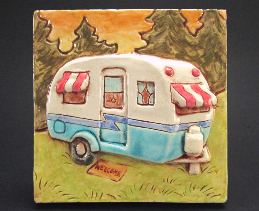 Retro Blue Camper Ceramic Art Tile: Handmade Wall Decor (4x4) - Etsy