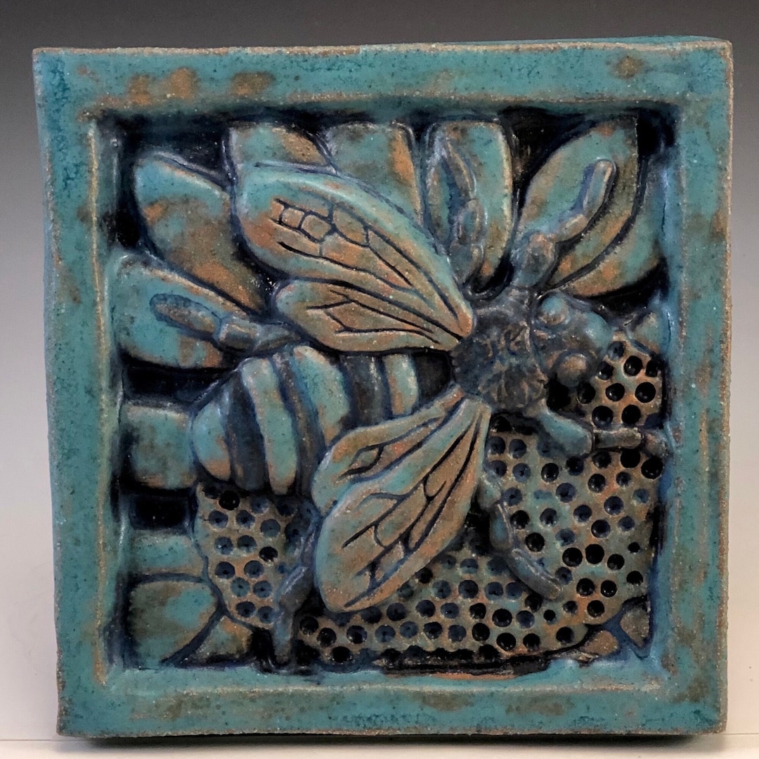 Handmade Honey Bee Ceramic Wall Art Tile: Antique Turquoise, 4x4 Old ...