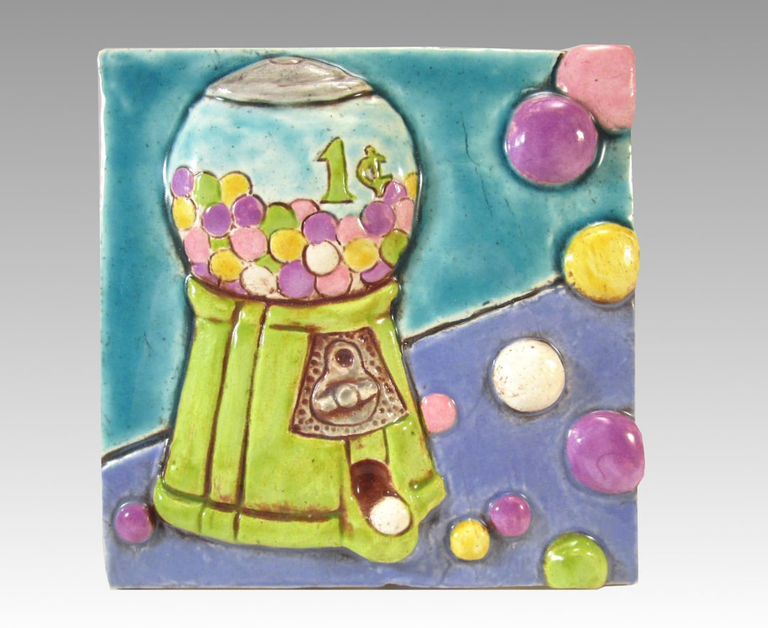 Ceramic Art Tile, RETRO GUMBALL MACHINE, 4x4 Handmade Tile, Vintage ...