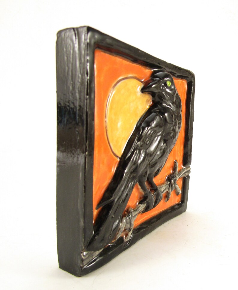 Halloween Raven Ceramic Art Tile: 4x4 Handmade Orange & Black Wall ...