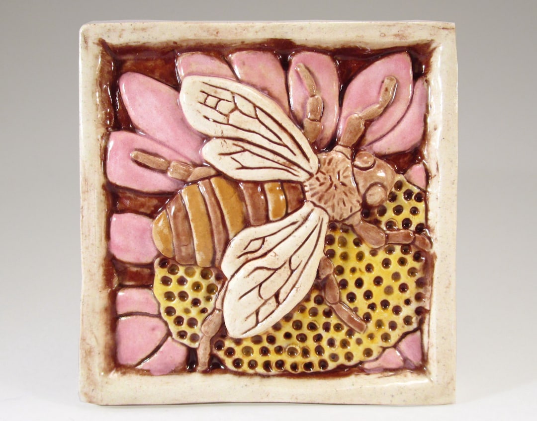 Handmade Ceramic Art Tile: Bee on Pink Flower, Wall Decor (4x4) - Etsy