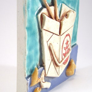 CHINESE TAKE-OUT Ceramic Art Tile, Aqua, 4 X 4 Handmade Tile, Chinese ...