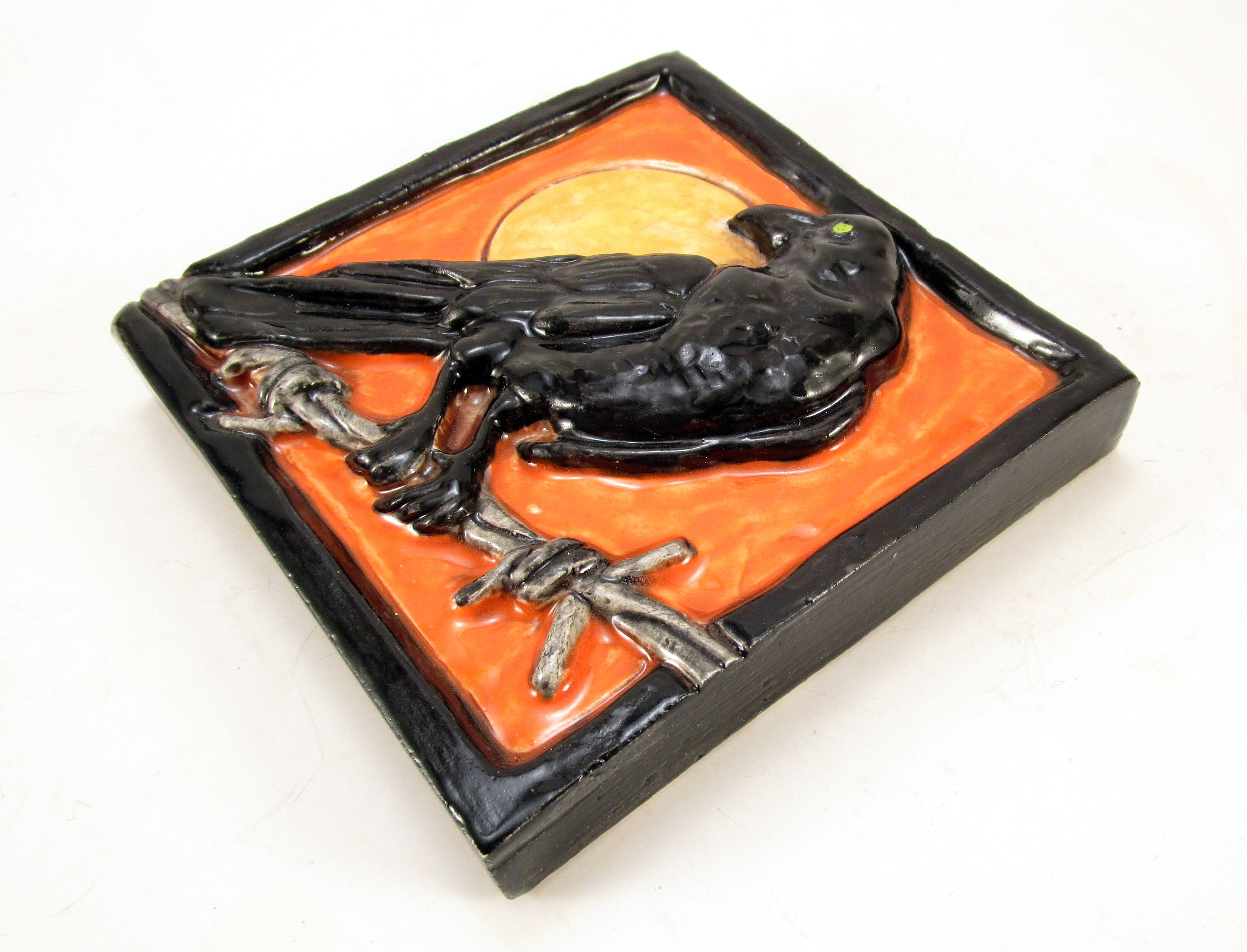 Halloween Raven Ceramic Art Tile: 4x4 Handmade Orange & Black Wall ...