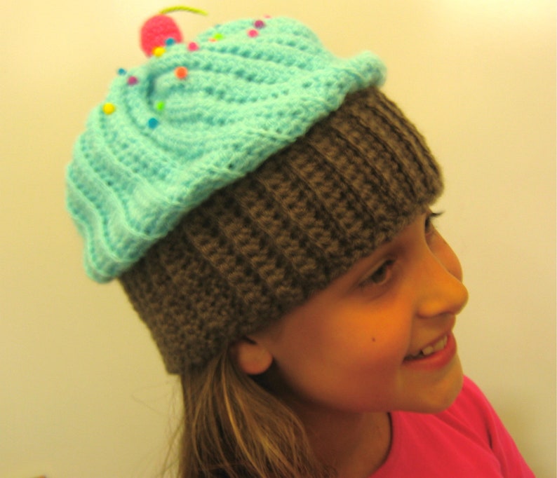 Crochet Cupcake Hat, Cupcake Hat With Sprinkles in Aqua Frosting and ...