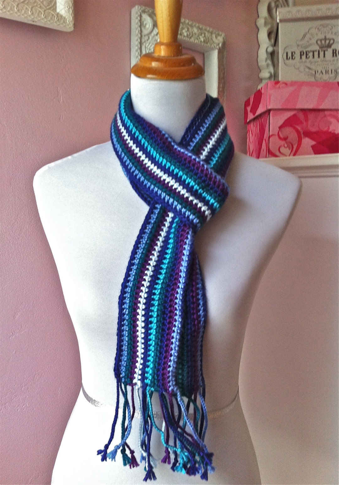 Shades of Blue Multi-colored Crochet Scarf With Braided Tassels - Etsy