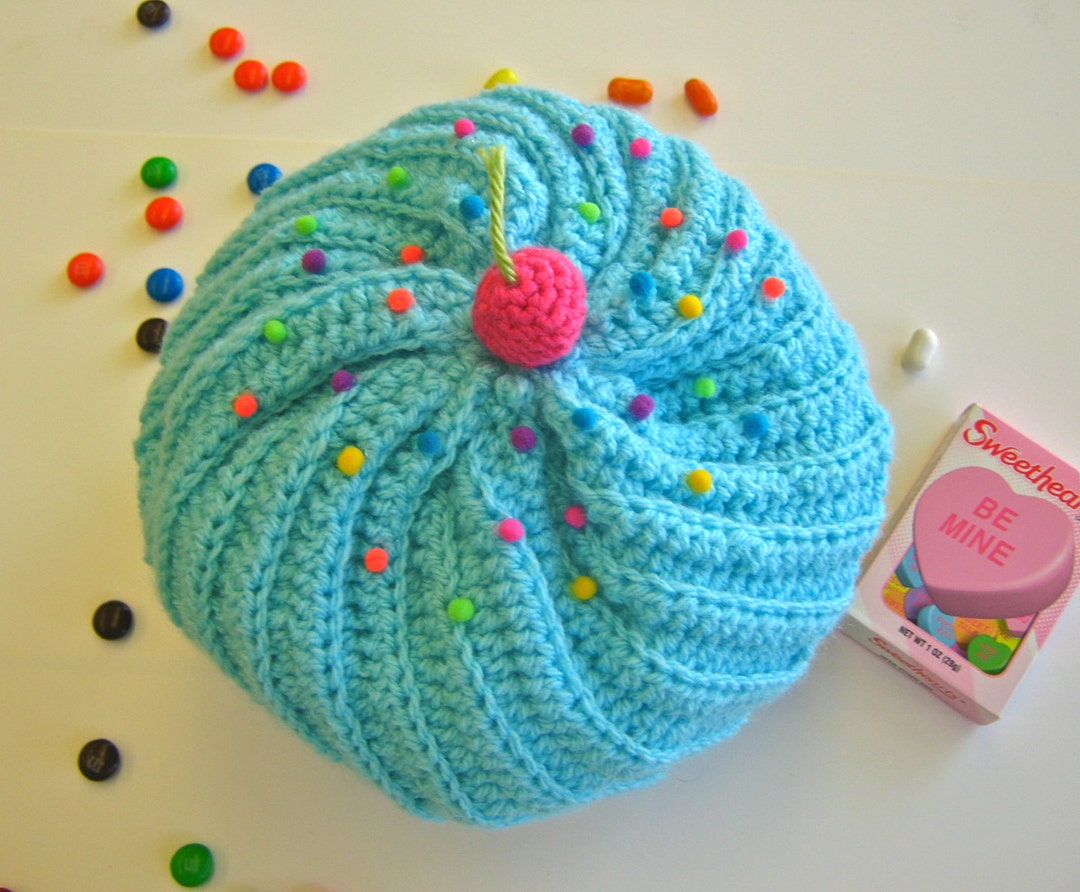 Crochet Cupcake Hat, Cupcake Hat With Sprinkles in Aqua Frosting and ...