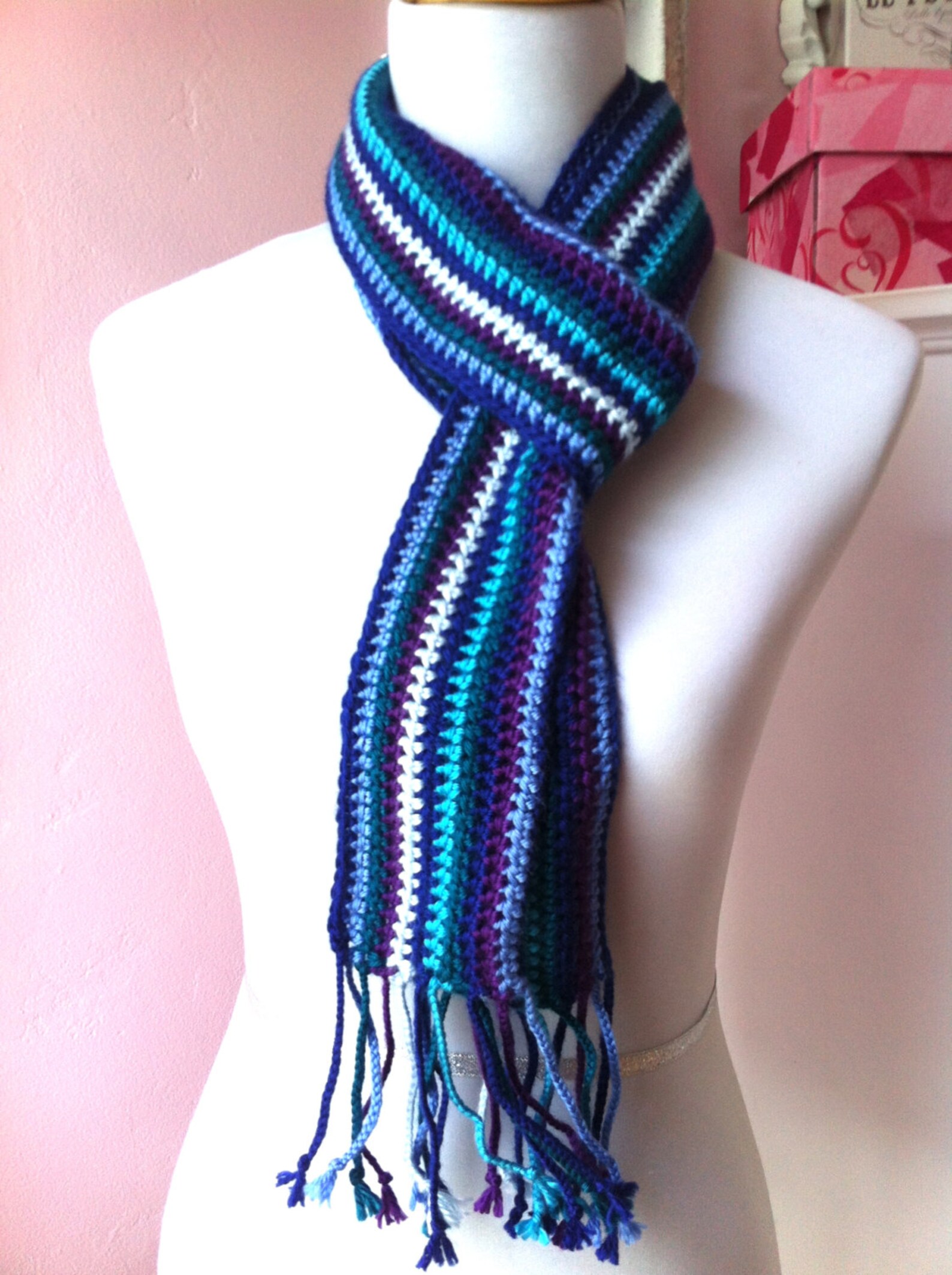 Shades of Blue Multi-colored Crochet Scarf With Braided Tassels - Etsy