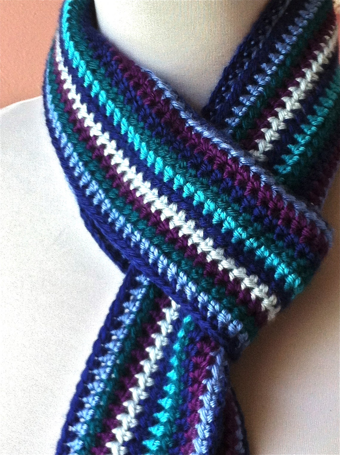 Shades of Blue Multi-colored Crochet Scarf With Braided Tassels - Etsy