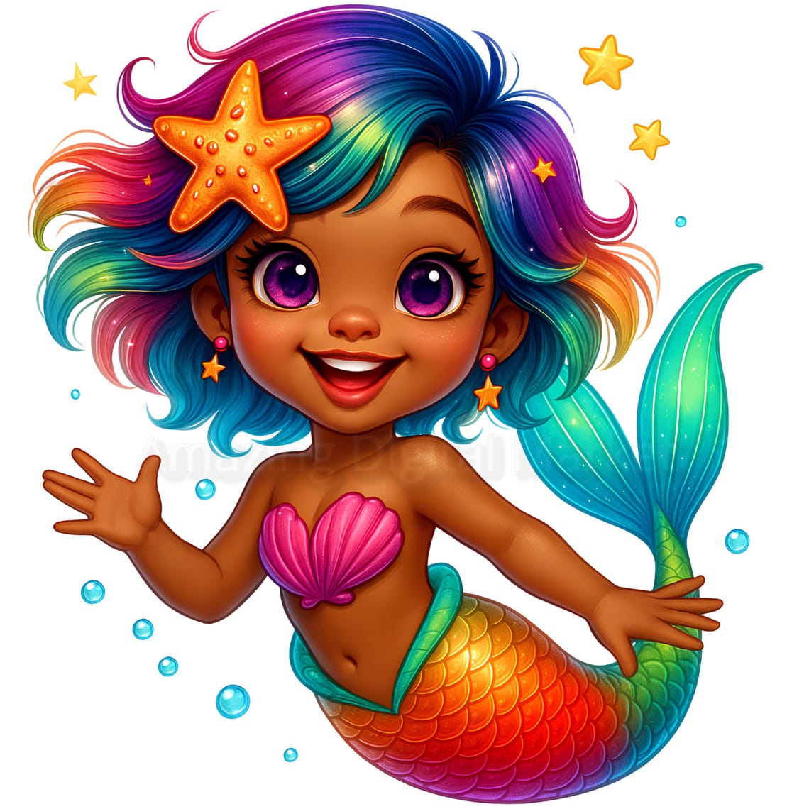 Cute Black Mermaid Clipart Bundle, Afro Mermaid Girl 12 PNG, Colorful ...