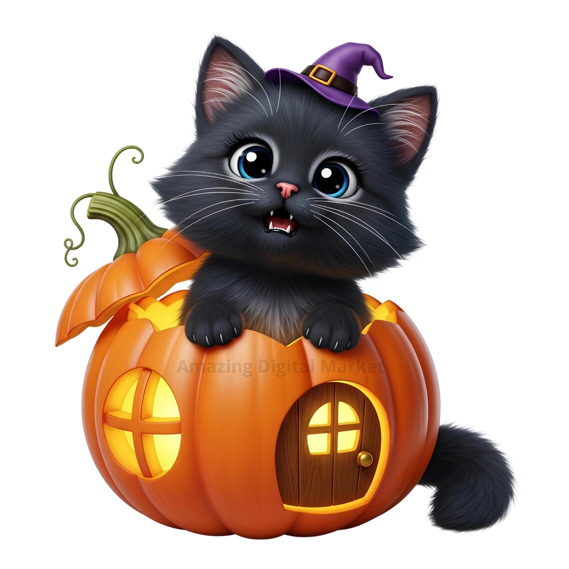 Halloween Kitten Clipart: Spooky Bat, Spider, Pumpkins (digital ...